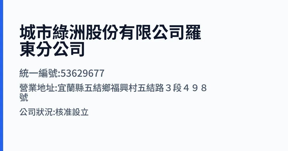 城市綠洲股份有限公司羅東分公司 - 統編 53629677(宜蘭縣) 公司登記資料與營業項目詳細圖表