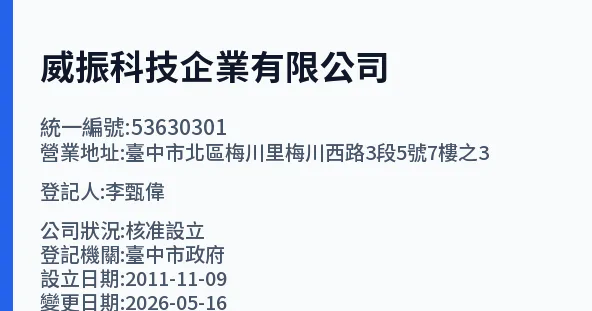 威振科技企業有限公司的照片-統編 53630301(臺中市) 公司登記資料與營業項目詳細圖表