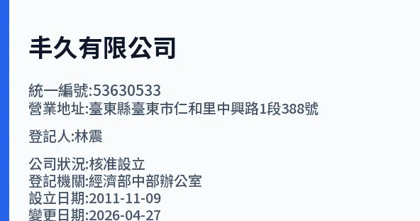 丰久有限公司的照片-統編 53630533(臺東縣) 公司登記資料與營業項目詳細圖表