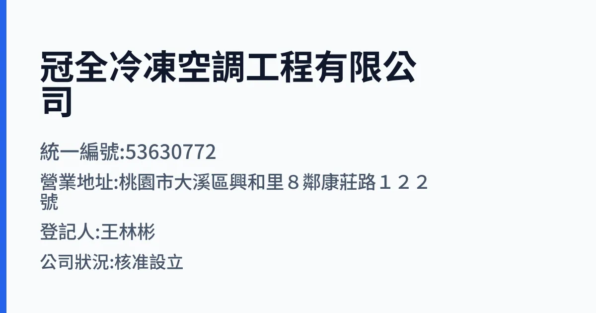 冠全冷凍空調工程有限公司 - 統編 53630772(桃園市) 公司登記資料與營業項目詳細圖表