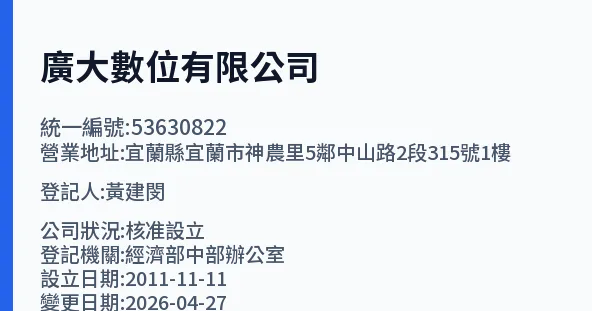 廣大數位有限公司的照片-統編 53630822(宜蘭縣) 公司登記資料與營業項目詳細圖表