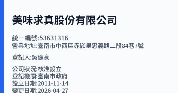 美味求真股份有限公司的照片-統編 53631316(臺南市) 公司登記資料與營業項目詳細圖表