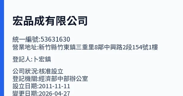 宏品成有限公司的照片-統編 53631630(新竹縣) 公司登記資料與營業項目詳細圖表