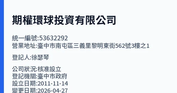 期權環球投資有限公司的照片-統編 53632292(臺中市) 公司登記資料與營業項目詳細圖表