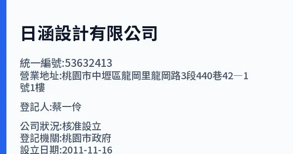 日涵設計有限公司的照片-統編 53632413(桃園市) 公司登記資料與營業項目詳細圖表