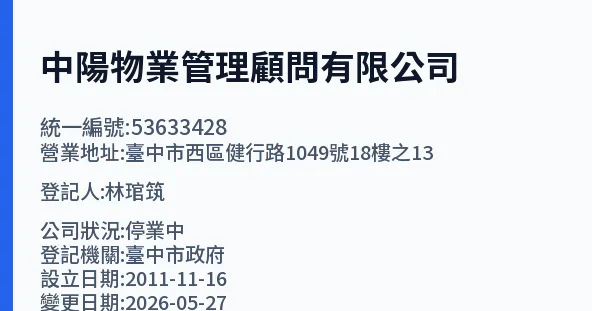 中陽物業管理顧問有限公司的照片-統編 53633428(臺中市) 公司登記資料與營業項目詳細圖表
