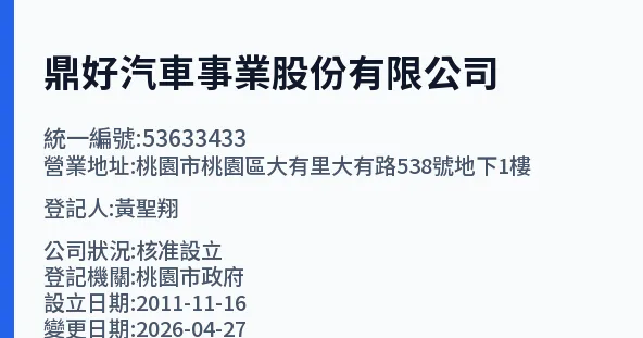 鼎好汽車事業股份有限公司的照片-統編 53633433(桃園市) 公司登記資料與營業項目詳細圖表