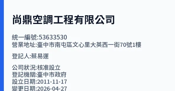 尚鼎空調工程有限公司的照片-統編 53633530(臺中市) 公司登記資料與營業項目詳細圖表