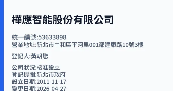樺應智能股份有限公司的照片-統編 53633898(新北市) 公司登記資料與營業項目詳細圖表