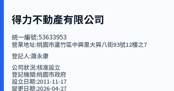 得力不動產有限公司的照片-統編 53633953(桃園市) 公司登記資料與營業項目詳細圖表