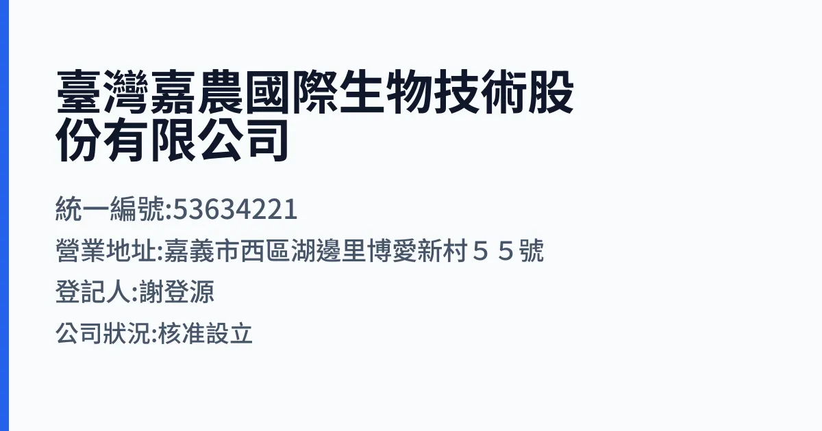 臺灣嘉農國際生物技術股份有限公司 - 統編 53634221(嘉義市) 公司登記資料與營業項目詳細圖表