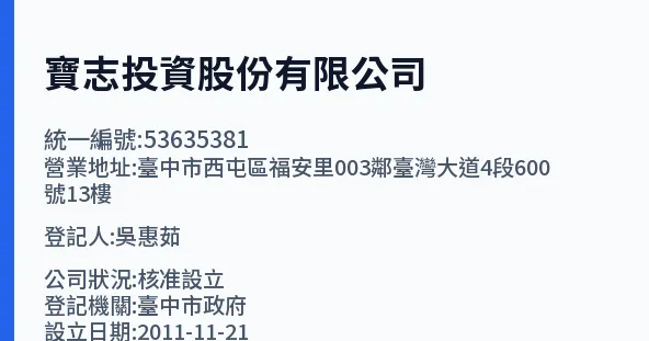 寶志投資股份有限公司的照片-統編 53635381(臺中市) 公司登記資料與營業項目詳細圖表