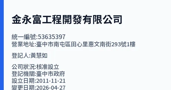 金永富工程開發有限公司的照片-統編 53635397(臺中市) 公司登記資料與營業項目詳細圖表