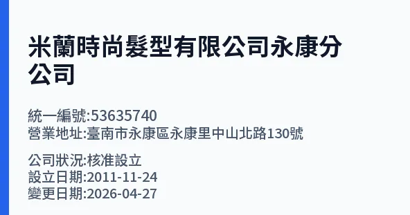 米蘭時尚髮型有限公司永康分公司的照片-統編 53635740(臺南市) 公司登記資料與營業項目詳細圖表