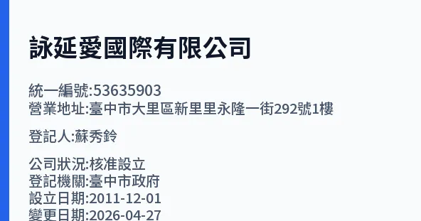 詠延愛國際有限公司的照片-統編 53635903(臺中市) 公司登記資料與營業項目詳細圖表