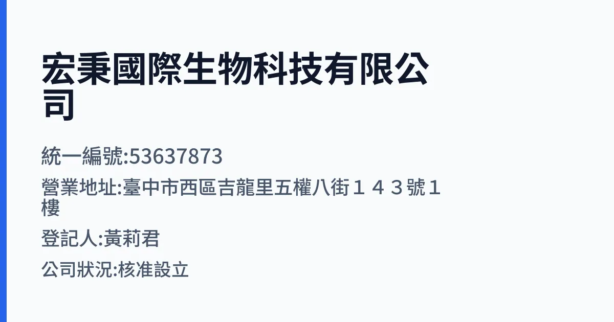 宏秉國際生物科技有限公司 - 統編 53637873(臺中市) 公司登記資料與營業項目詳細圖表