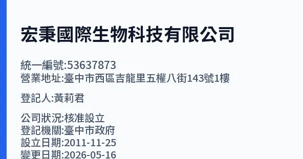 宏秉國際生物科技有限公司的照片-統編 53637873(臺中市) 公司登記資料與營業項目詳細圖表