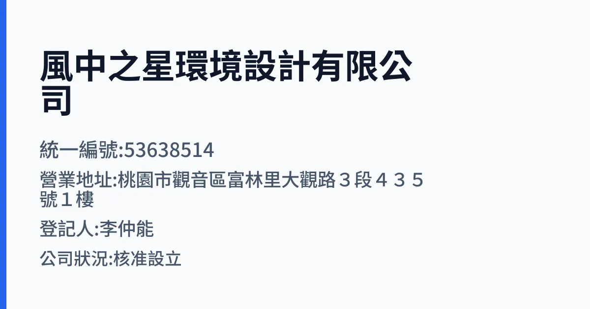 風中之星環境設計有限公司 - 統編 53638514(桃園市) 公司登記資料與營業項目詳細圖表