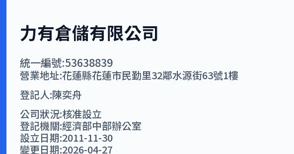 力有倉儲有限公司的照片-統編 53638839(花蓮縣) 公司登記資料與營業項目詳細圖表