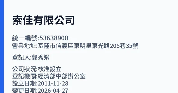 索佳有限公司的照片-統編 53638900(基隆市) 公司登記資料與營業項目詳細圖表