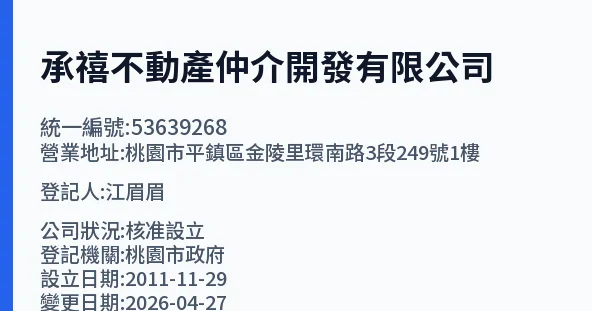承禧不動產仲介開發有限公司的照片-統編 53639268(桃園市) 公司登記資料與營業項目詳細圖表