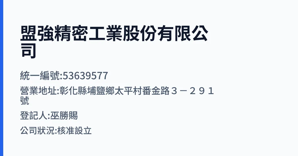 盟強精密工業股份有限公司 - 統編 53639577(彰化縣) 公司登記資料與營業項目詳細圖表