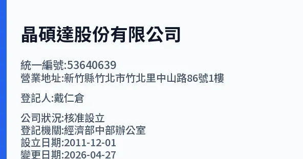 晶碩達股份有限公司的照片-統編 53640639(新竹縣) 公司登記資料與營業項目詳細圖表