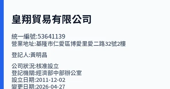 皇翔貿易有限公司的照片-統編 53641139(基隆市) 公司登記資料與營業項目詳細圖表