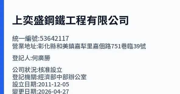 上奕盛鋼鐵工程有限公司的照片-統編 53642117(彰化縣) 公司登記資料與營業項目詳細圖表