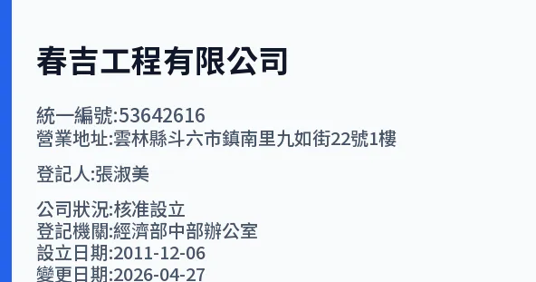春吉工程有限公司的照片-統編 53642616(雲林縣) 公司登記資料與營業項目詳細圖表