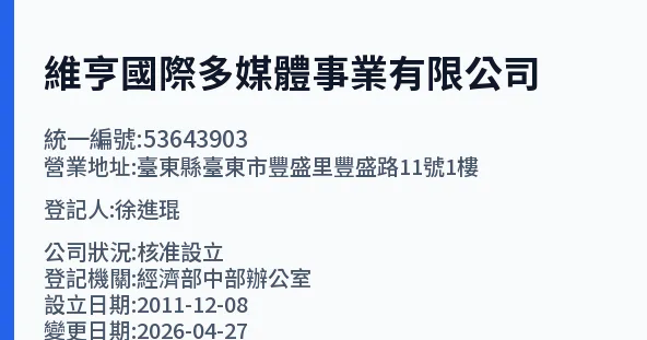 維亨國際多媒體事業有限公司的照片-統編 53643903(臺東縣) 公司登記資料與營業項目詳細圖表