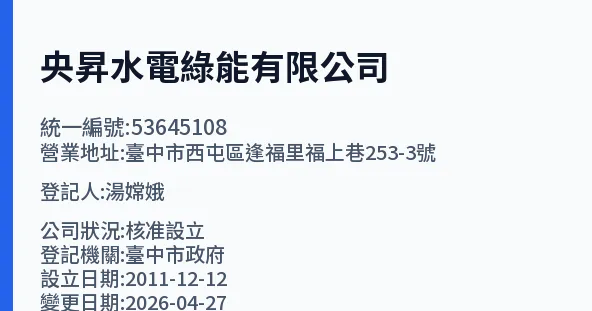 央昇水電綠能有限公司的照片-統編 53645108(臺中市) 公司登記資料與營業項目詳細圖表
