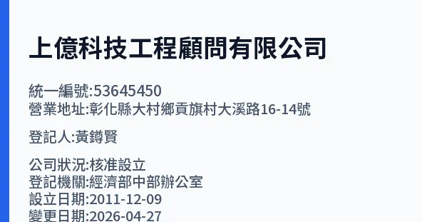 上億科技工程顧問有限公司的照片-統編 53645450(彰化縣) 公司登記資料與營業項目詳細圖表