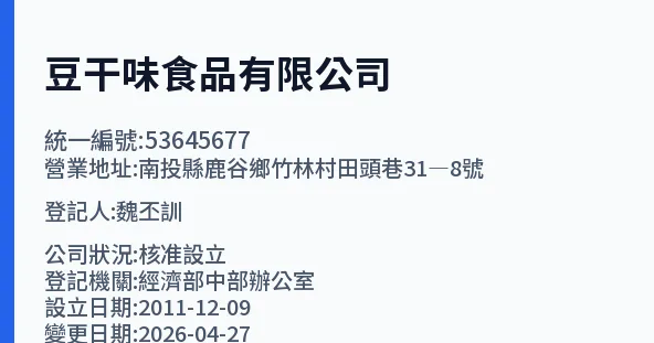 豆干味食品有限公司的照片-統編 53645677(南投縣) 公司登記資料與營業項目詳細圖表