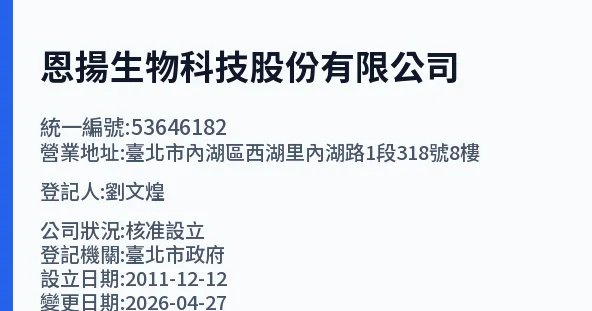 恩揚生物科技股份有限公司的照片-統編 53646182(臺北市) 公司登記資料與營業項目詳細圖表