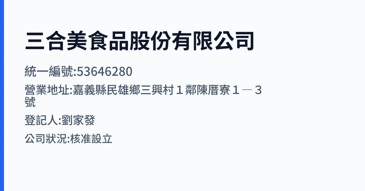 三合美食品股份有限公司 - 統編 53646280(嘉義縣) 公司登記資料與營業項目詳細圖表