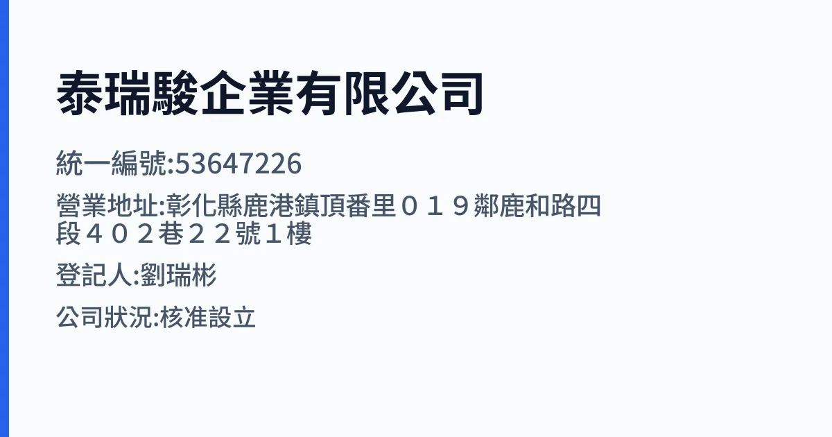 泰瑞駿企業有限公司 - 統編 53647226(彰化縣) 公司登記資料與營業項目詳細圖表