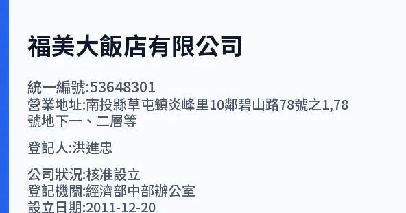 福美大飯店有限公司的照片-統編 53648301(南投縣) 公司登記資料與營業項目詳細圖表