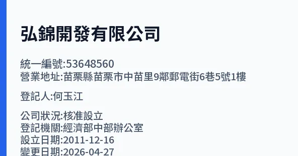 弘錦開發有限公司的照片-統編 53648560(苗栗縣) 公司登記資料與營業項目詳細圖表