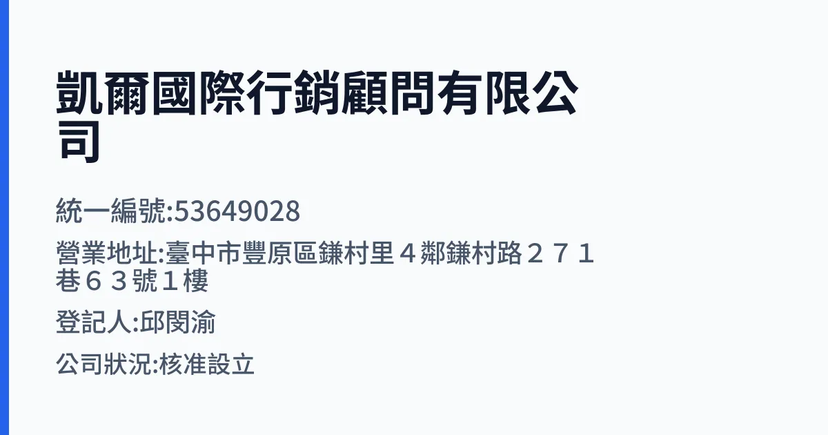 凱爾國際行銷顧問有限公司 - 統編 53649028(臺中市) 公司登記資料與營業項目詳細圖表