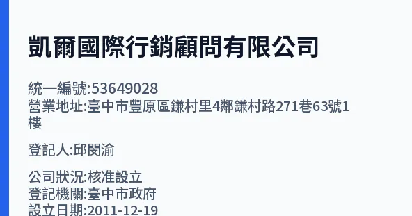 凱爾國際行銷顧問有限公司的照片-統編 53649028(臺中市) 公司登記資料與營業項目詳細圖表