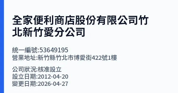 全家便利商店股份有限公司竹北新竹愛分公司的照片-統編 53649195(新竹縣) 公司登記資料與營業項目詳細圖表