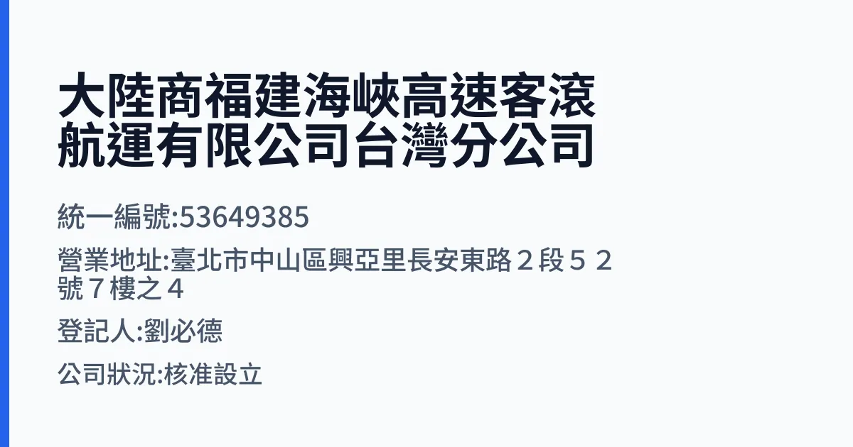 大陸商福建海峽高速客滾航運有限公司台灣分公司 - 統編 53649385(臺北市) 公司登記資料與營業項目詳細圖表