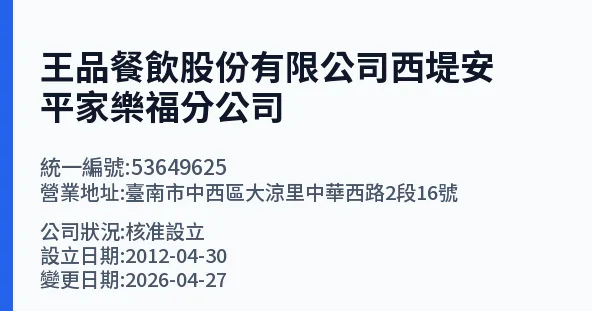 王品餐飲股份有限公司西堤安平家樂福分公司的照片-統編 53649625(臺南市) 公司登記資料與營業項目詳細圖表