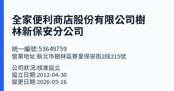 全家便利商店股份有限公司樹林新保安分公司的照片-統編 53649759(新北市) 公司登記資料與營業項目詳細圖表