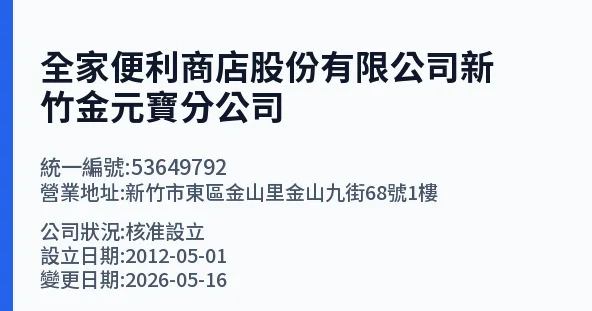 全家便利商店股份有限公司新竹金元寶分公司的照片-統編 53649792(新竹市) 公司登記資料與營業項目詳細圖表