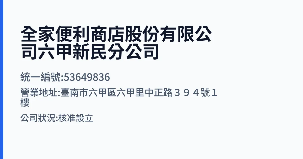 全家便利商店股份有限公司六甲新民分公司 - 統編 53649836(臺南市) 公司登記資料與營業項目詳細圖表