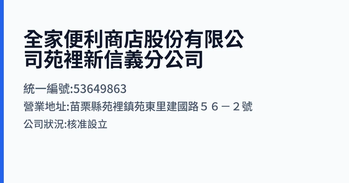 全家便利商店股份有限公司苑裡新信義分公司 - 統編 53649863（苗栗縣） 公司登記資料與營業項目詳細圖表