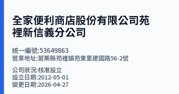 全家便利商店股份有限公司苑裡新信義分公司的照片-統編 53649863(苗栗縣) 公司登記資料與營業項目詳細圖表