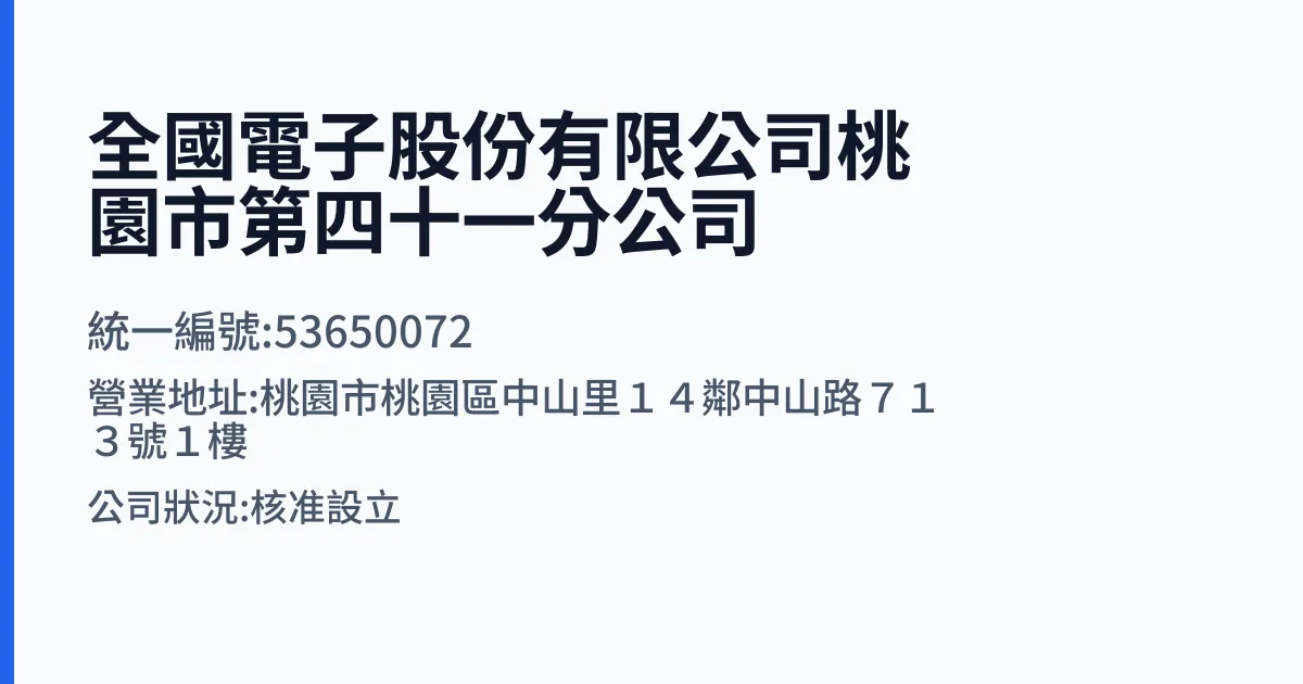 全國電子股份有限公司桃園市第四十一分公司 - 統編 53650072(桃園市) 公司登記資料與營業項目詳細圖表